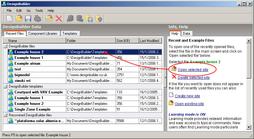 Opening Screen - Recent Files